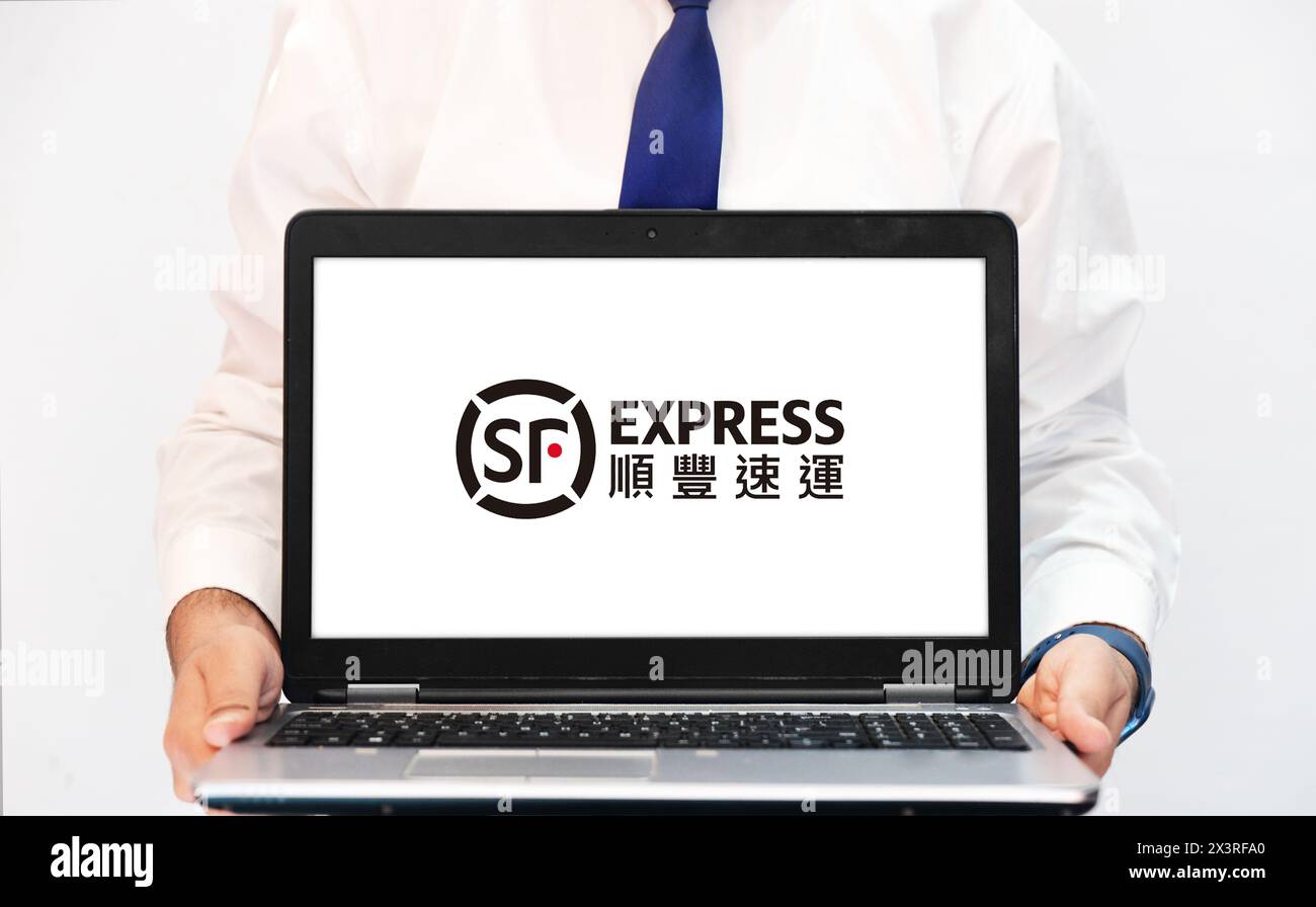 S.f Express is chinese logistic company, laptop screen showing their symbol editorial background ...