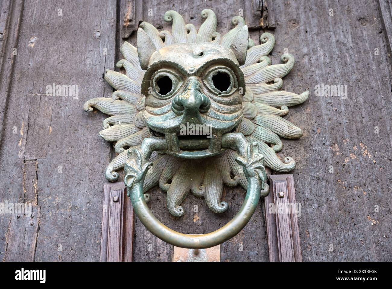 The replica Sanctuary Knocker on the door of Durham Cathedral. The ...