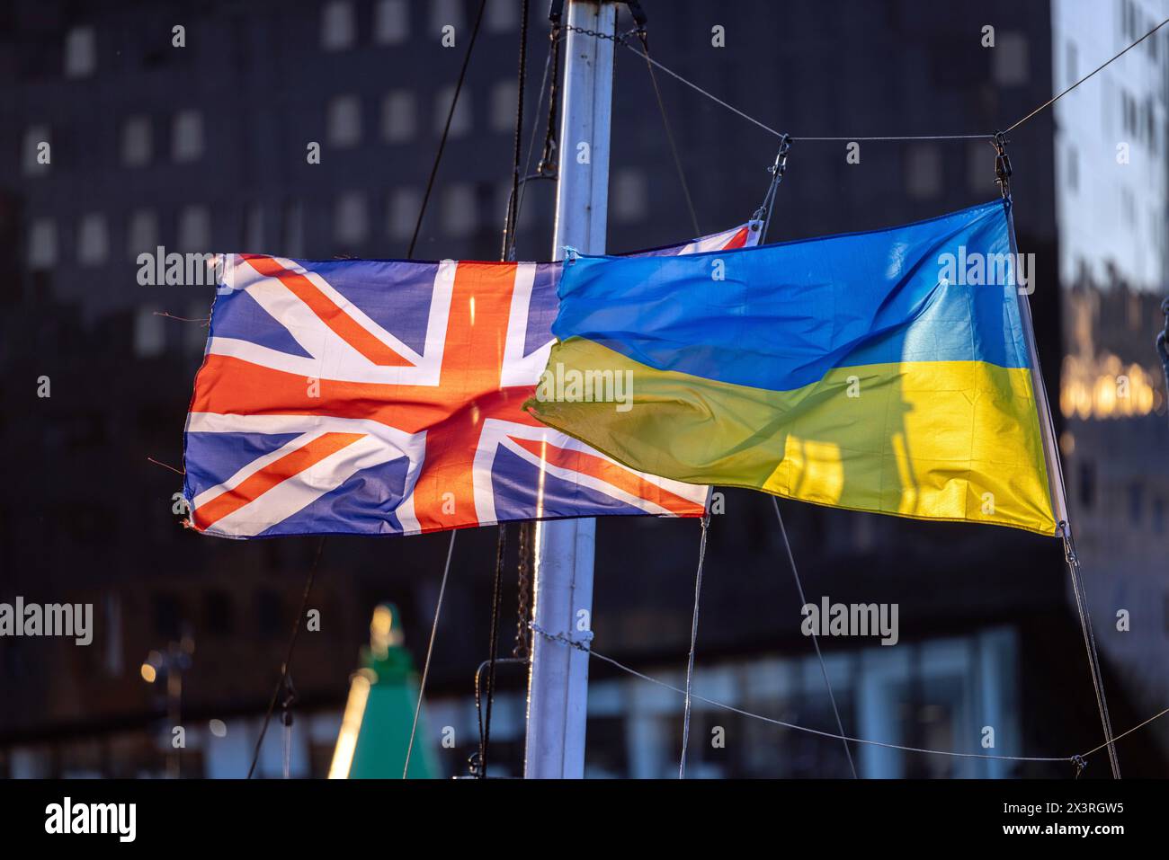 British and Ukraining flags flying on a boat in Liverpool Stock Photo ...