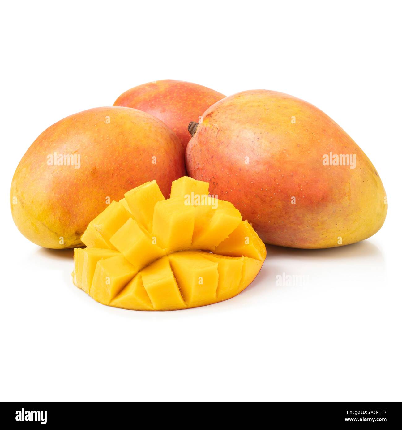 Set of fresh three whole and sliced mango fruit isolated on white ...