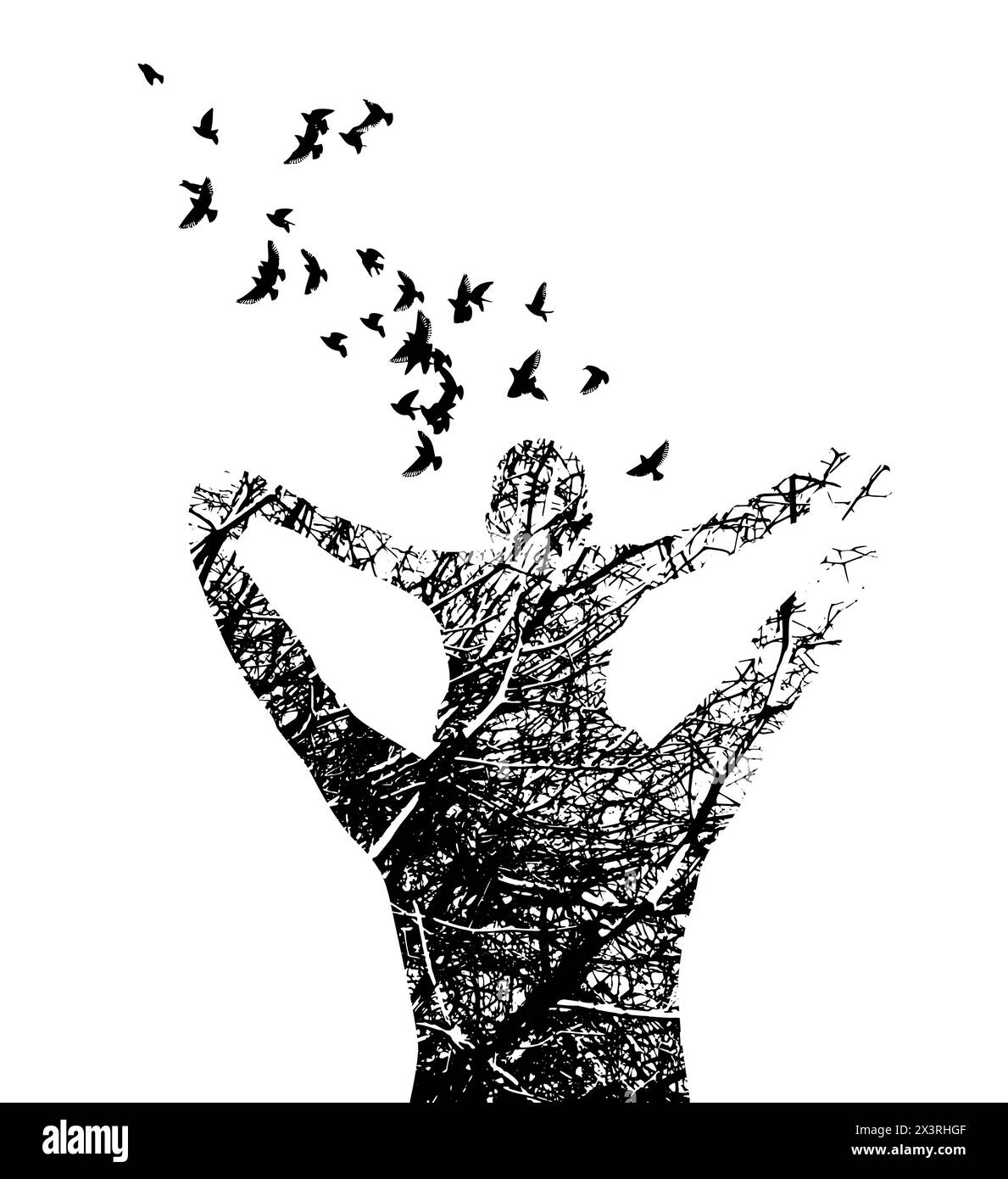 Silhouette of dad and son with flying birds . Happy Father's Day card ...