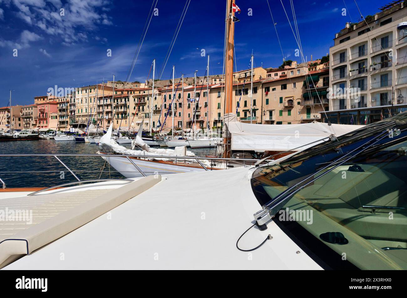 Italy, Tuscany, Elba Island, view of luxury yachts in Portoferraio port ...