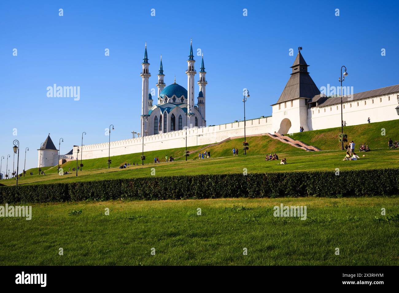 Kazan Kremlin in summer, Tatarstan, Russia. It is top landmark of Kazan. Panorama of white wall ...