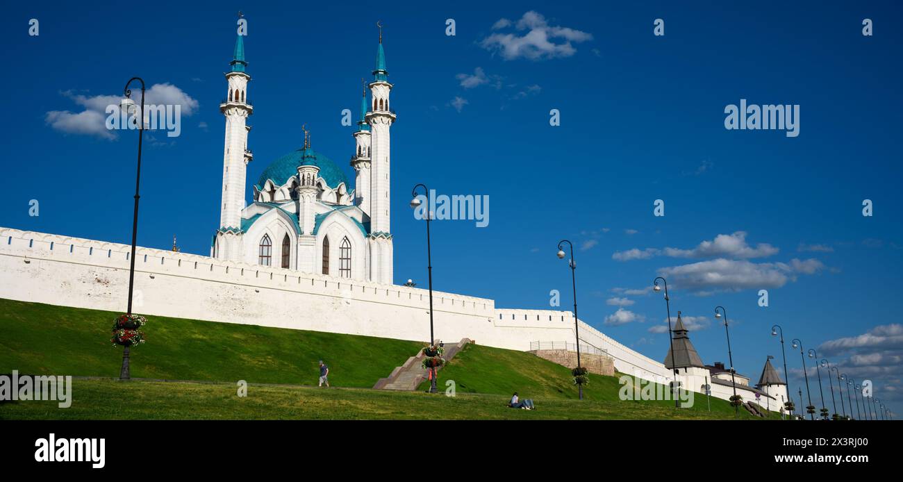 Kazan Kremlin in summer, Tatarstan, Russia. It is top landmark of Kazan. Panorama of white wall ...