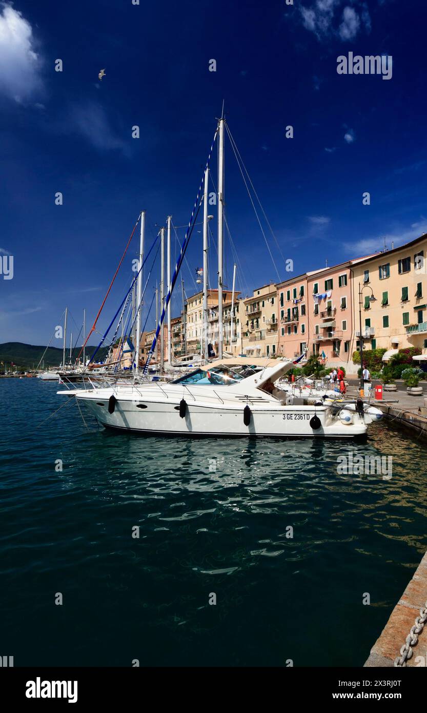 Italy, Tuscany, Elba Island, view of luxury yachts in Portoferraio port ...