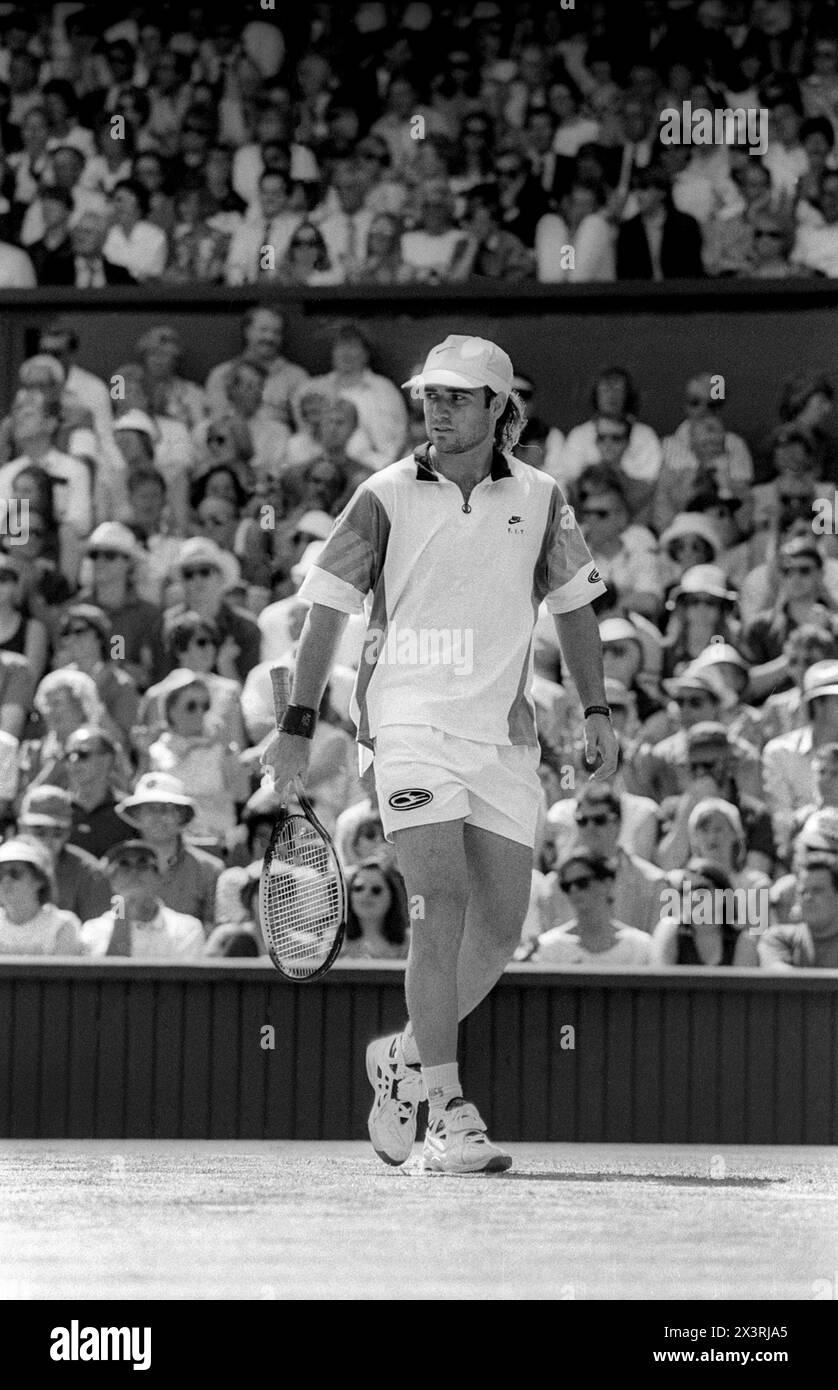 Andre Agassi playing on centre court at Wimbledon tennis tournament in ...