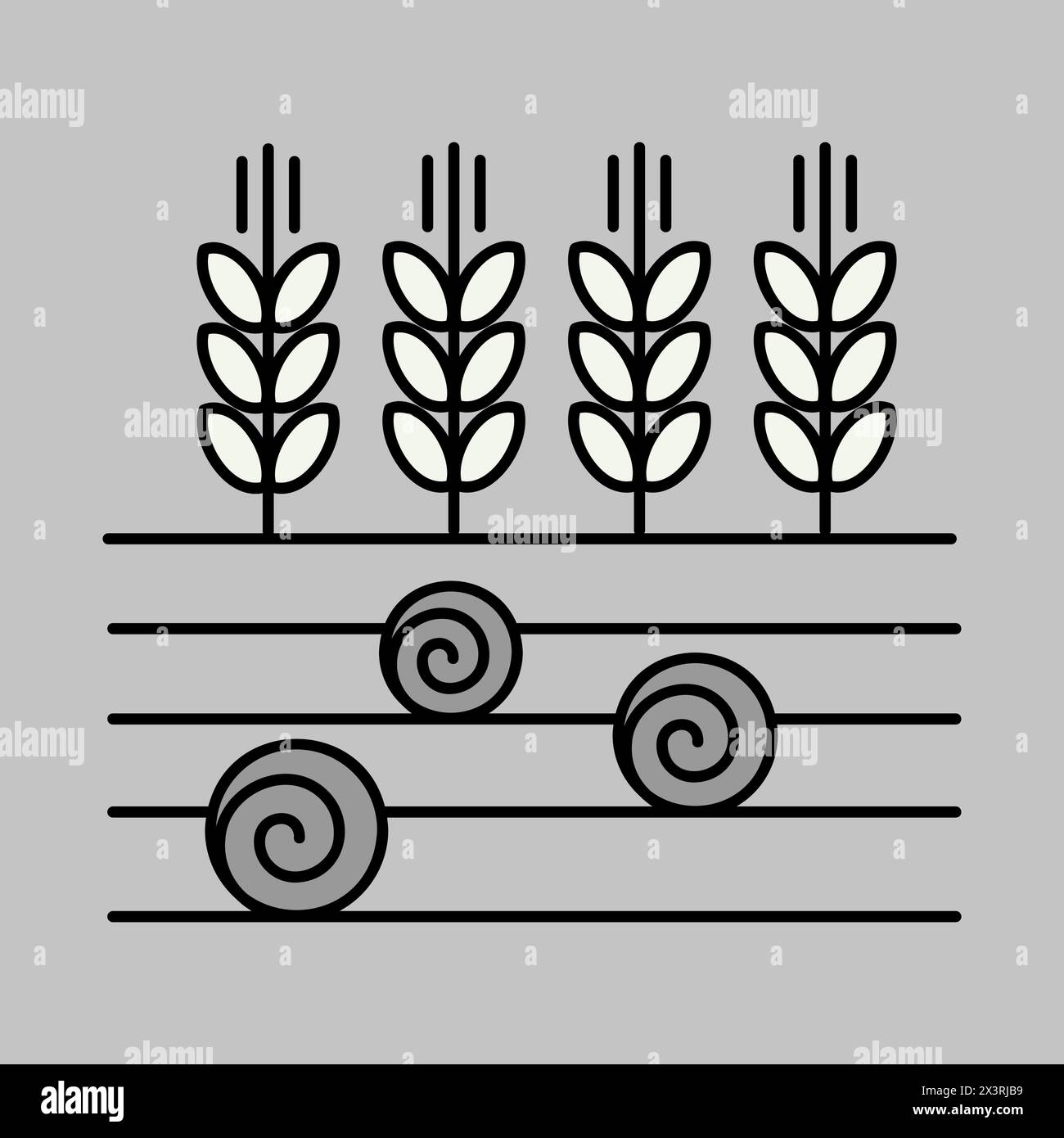 Ears of Wheat, Barley or Rye on field and round hay bales icon ...