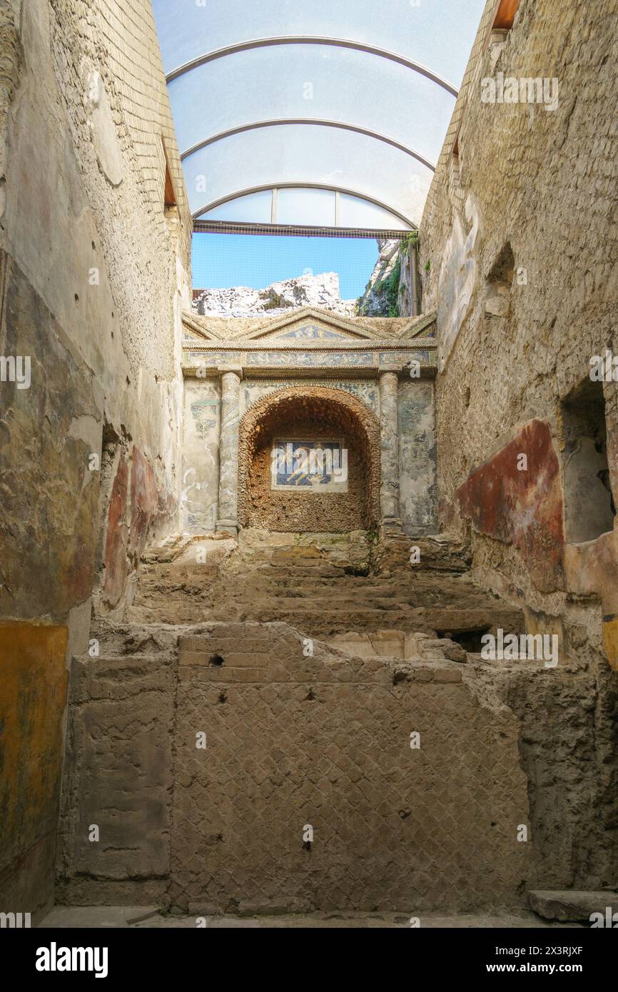 View from inside the ruins of ancient roman suburban baths with ...