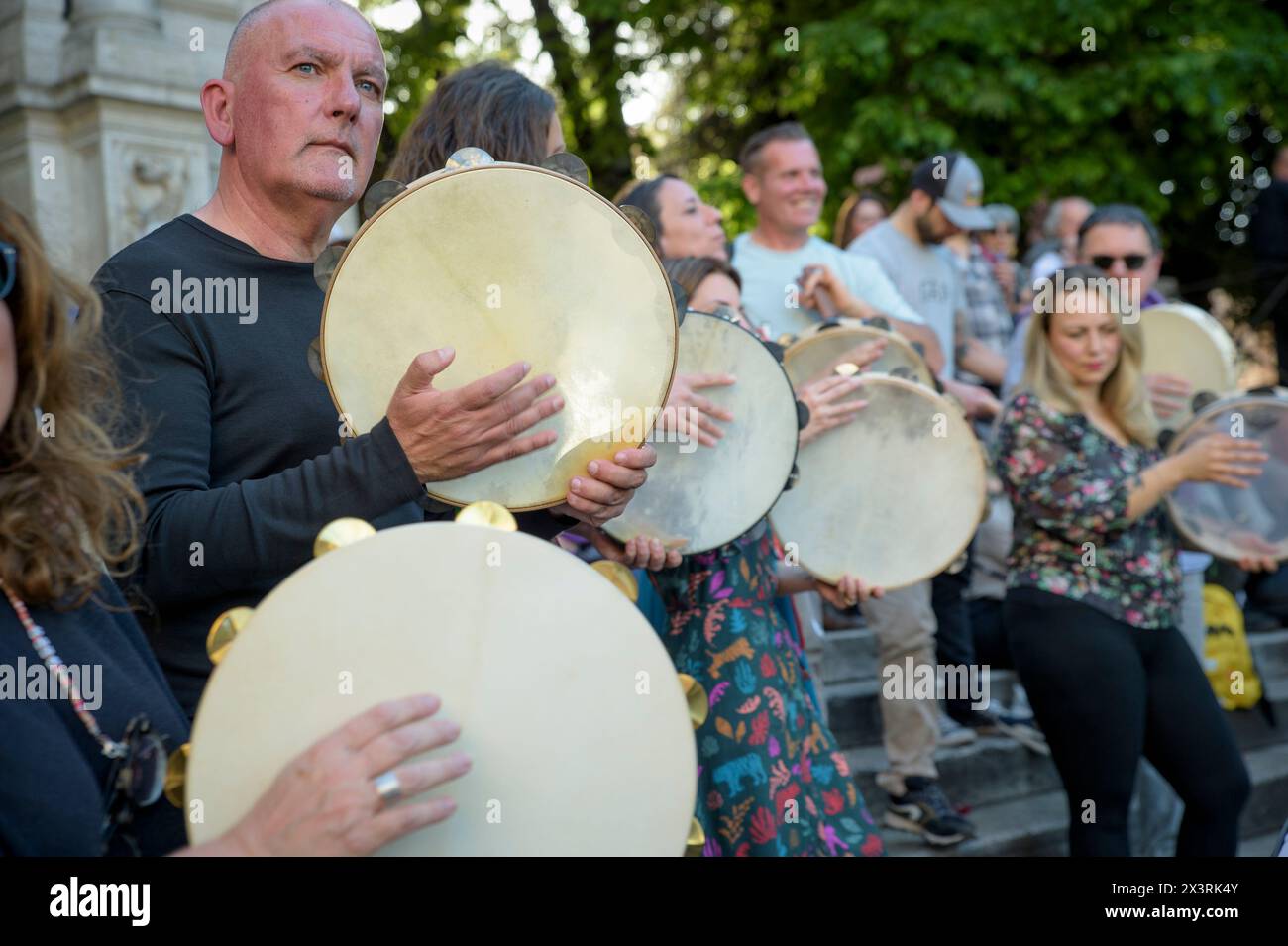 Rome, Italy. 28th Apr, 2024. People play tambourines during the 'Dance for peace' flash mob ...