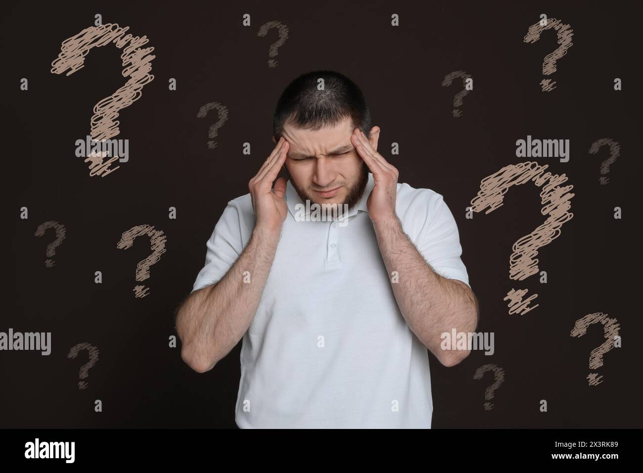 Amnesia Confused Man And Question Marks On Brown Background Stock