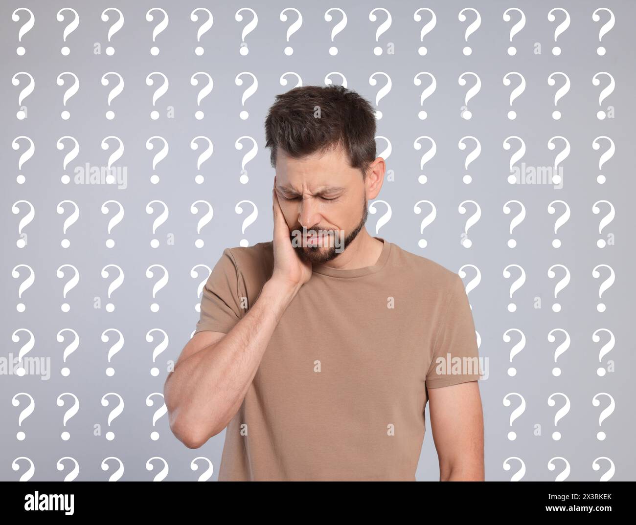 Amnesia Confused Man And Question Marks On Light Grey Background Stock
