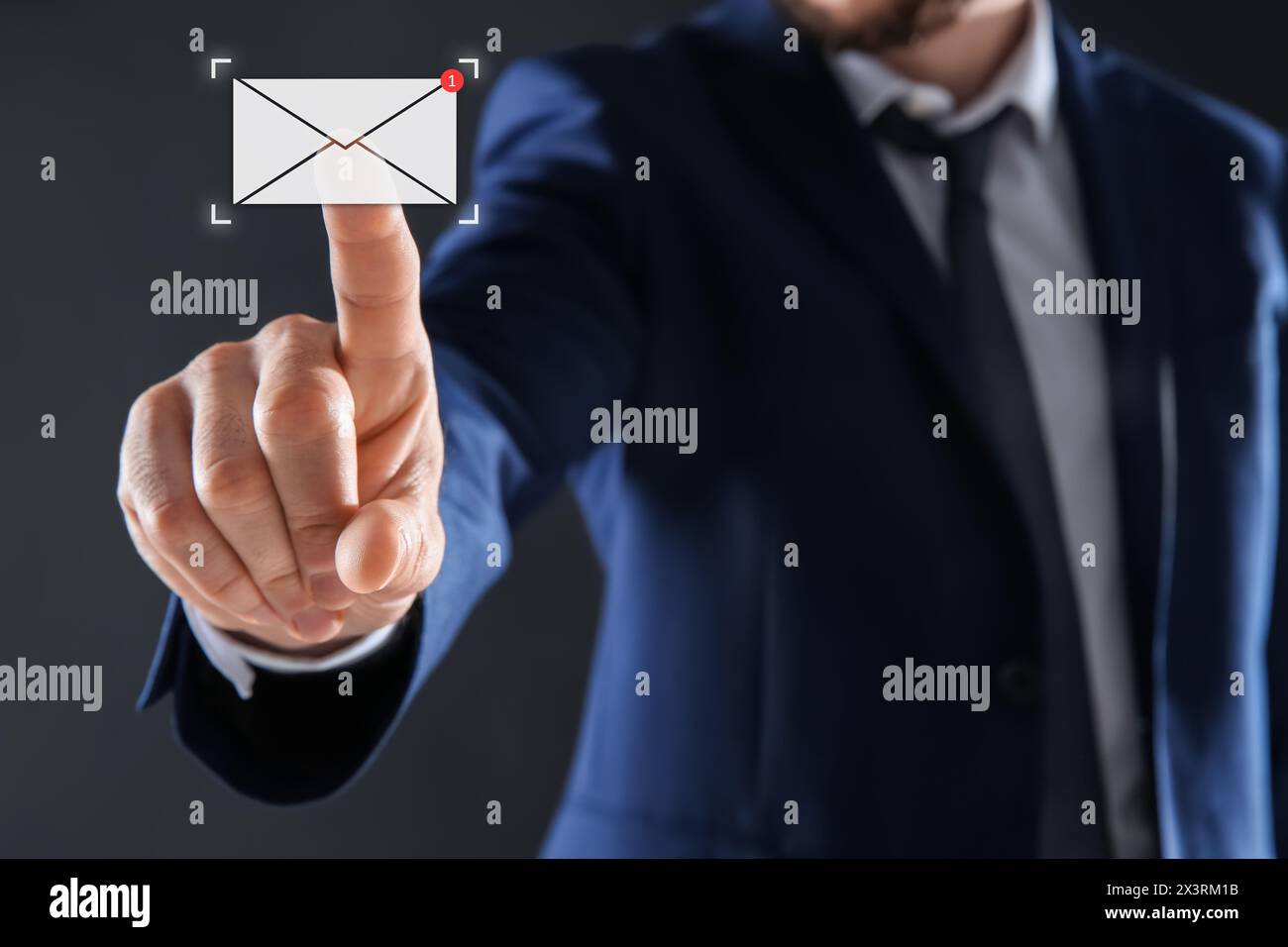 Email. Man touching virtual screen with incoming letter notification ...