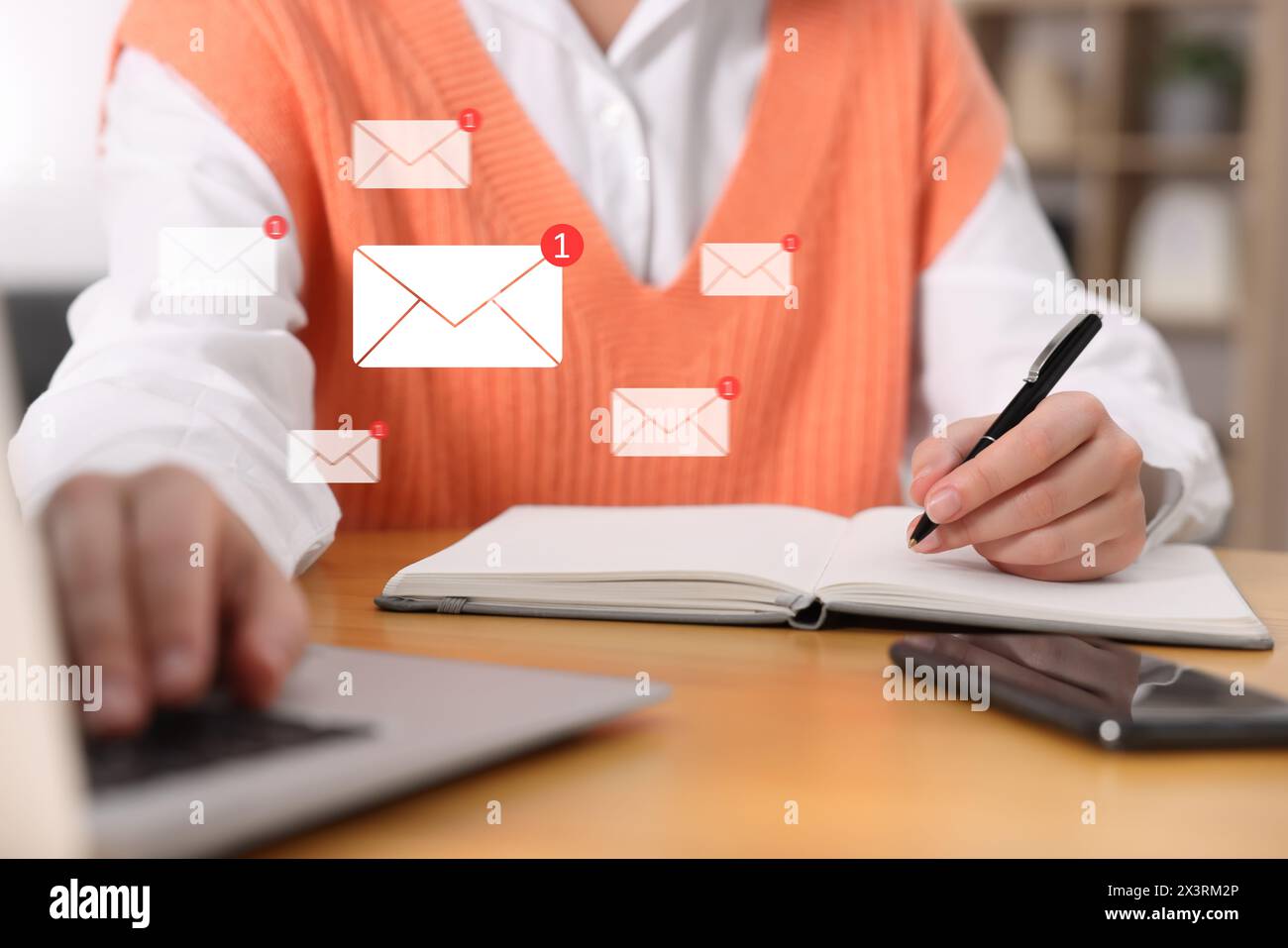 Email. Woman working at table, closeup. Incoming letter notifications ...