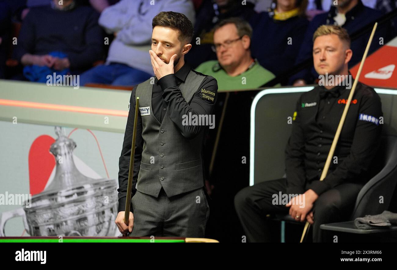 Joe O'Connor reacts after a shot during his match with Kyren Wilson, on ...