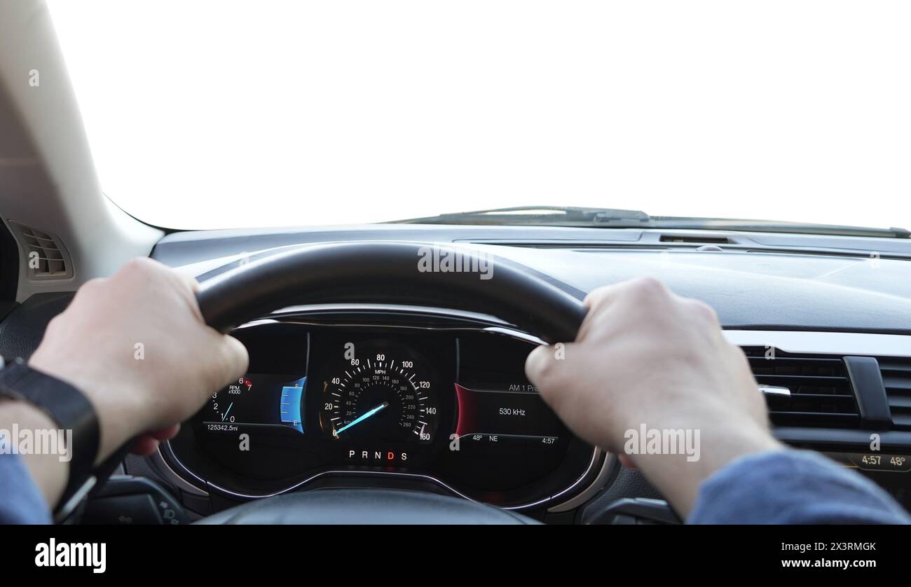 Man driving car with speedometer on dashboard, closeup Stock Photo - Alamy