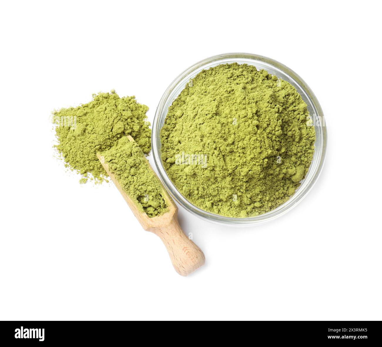 Henna powder in glass bowl and scoop isolated on white, top view Stock ...