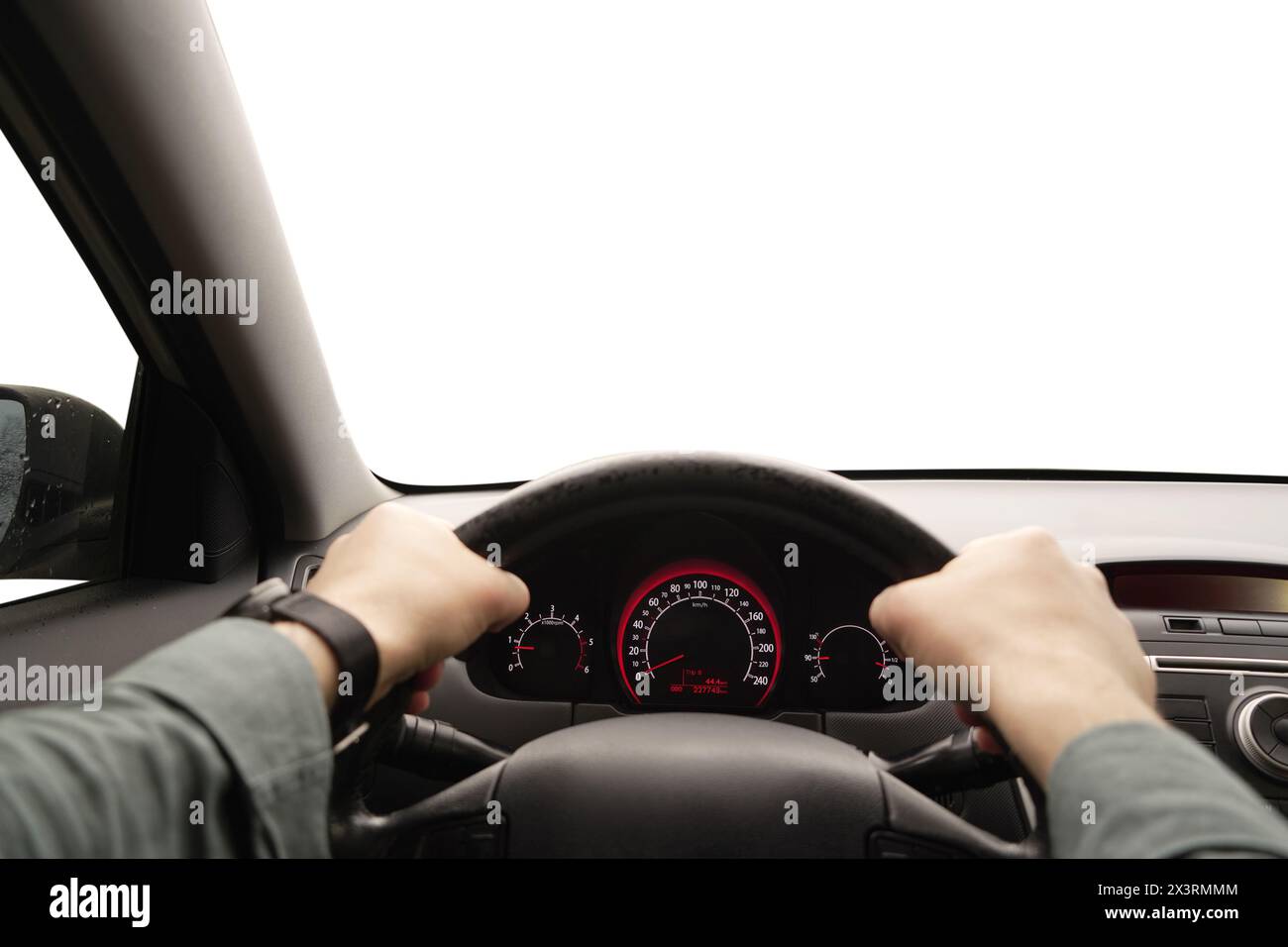 Man driving car with speedometer on dashboard, closeup Stock Photo - Alamy