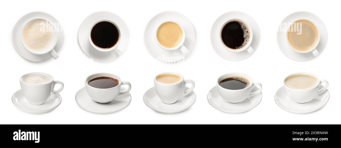 Cups of aromatic coffee isolated on white, top and side views Stock ...