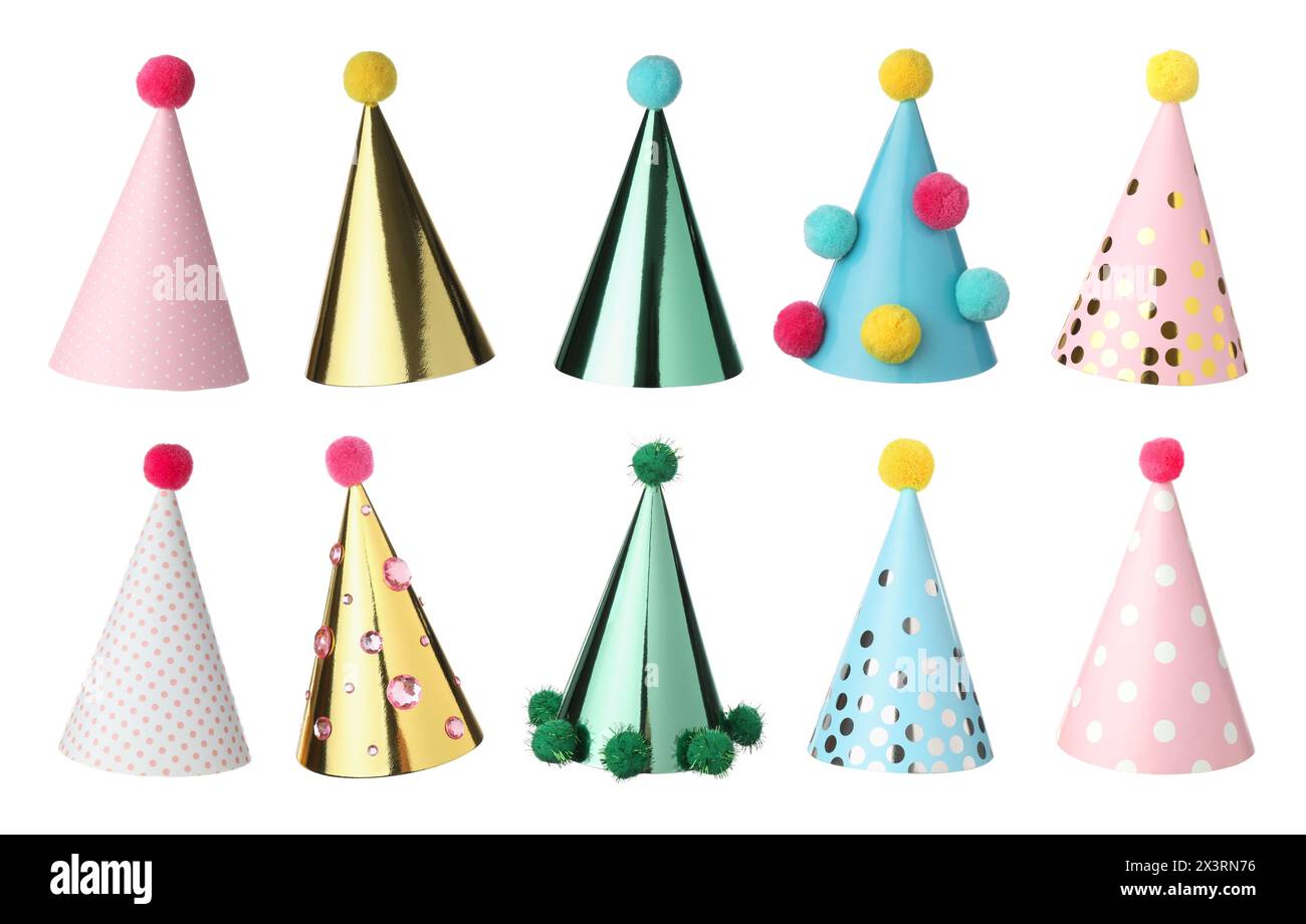 Colorful party hats isolated on white, set Stock Photo - Alamy