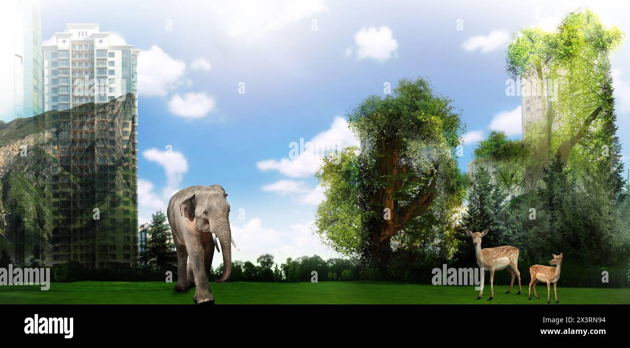 Double exposure of natural scenery with animals and buildings, banner ...
