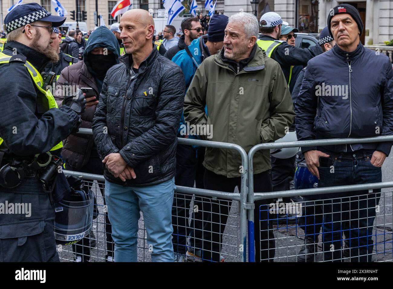 London, UK. 27th April, 2024. Men attend a small static pro-Israel ...