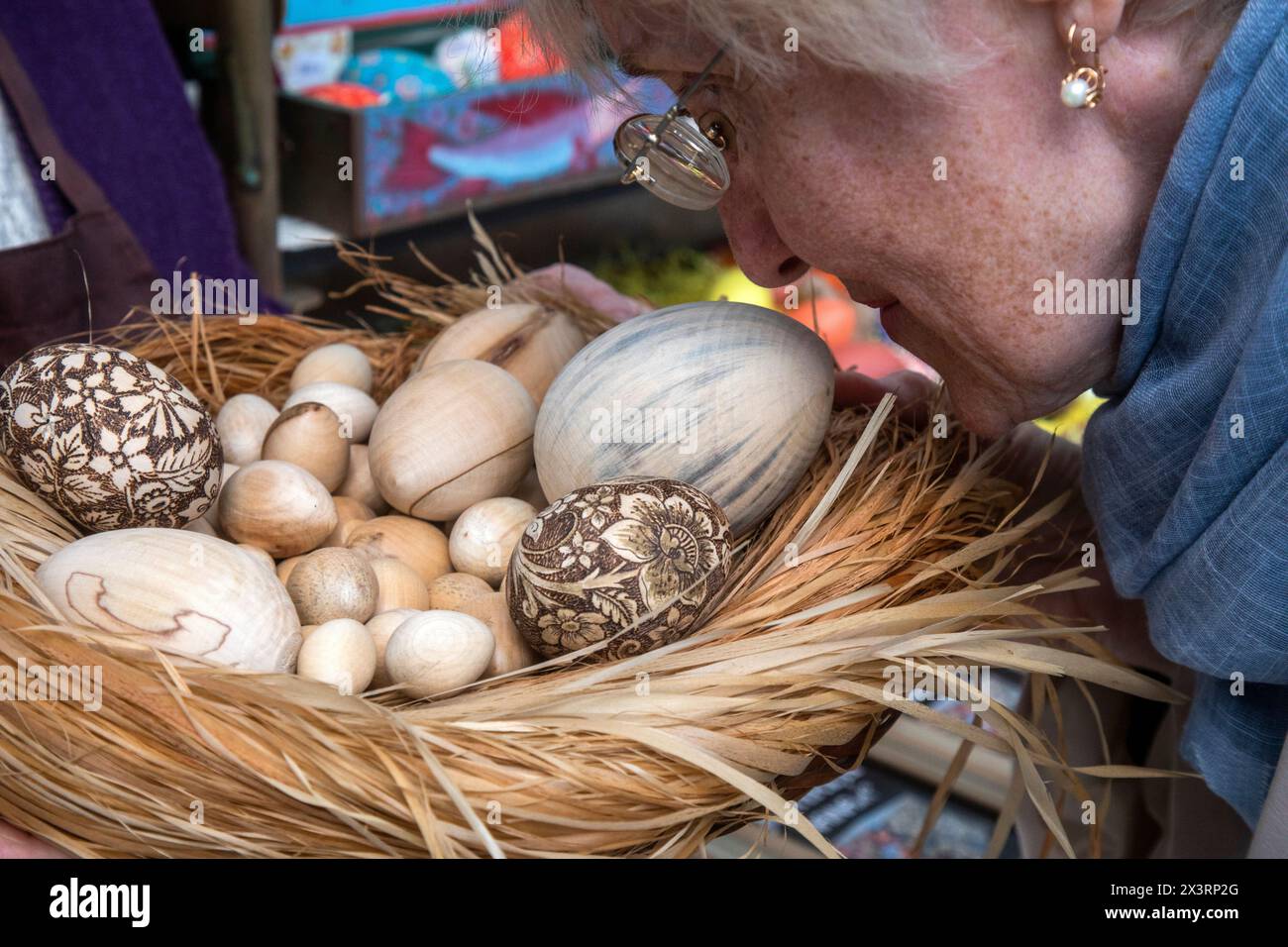 Moscow, Russia. 28th of April, 2024. A woman sells Easter decorated ...