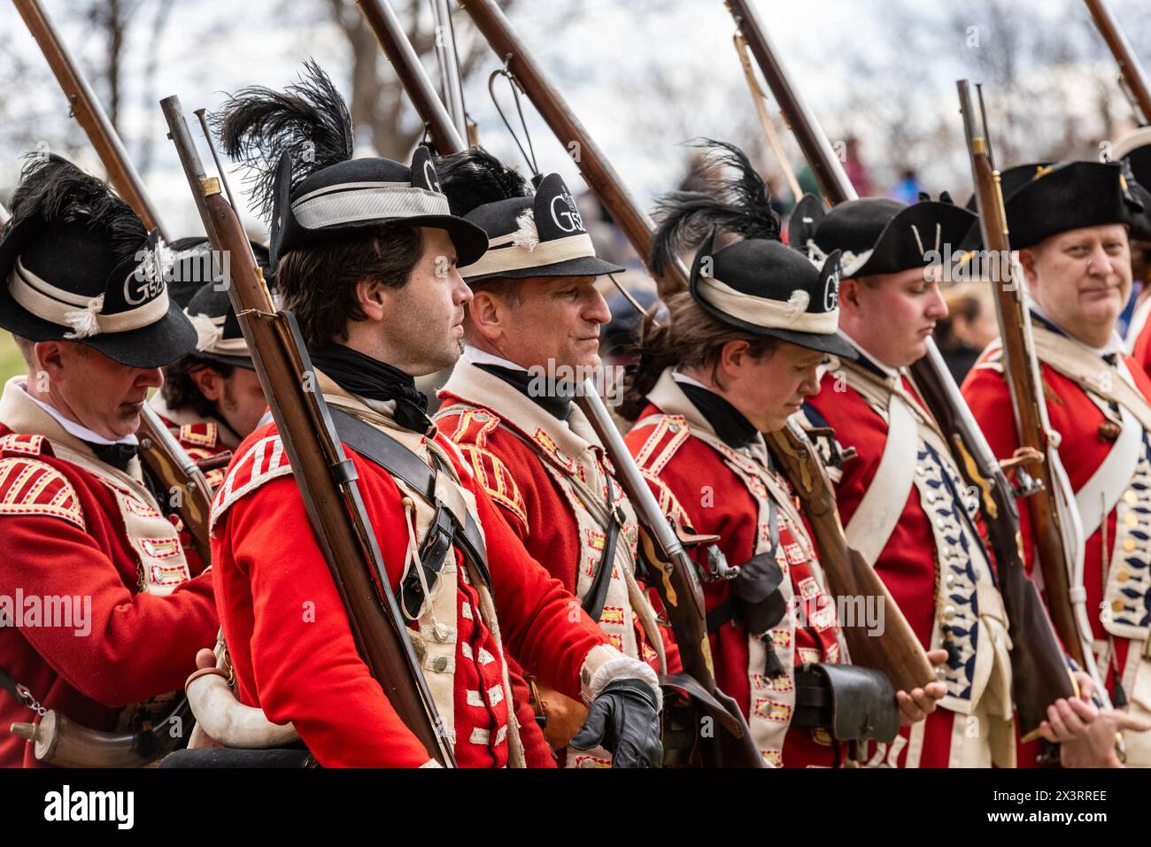 Reenactment of April 19, 1775 battle between British soldiers and ...