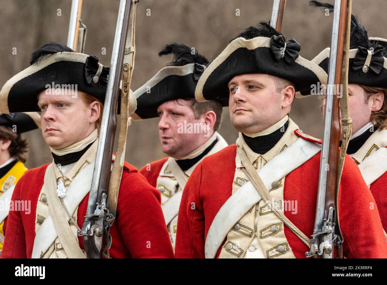 Reenactment of April 19, 1775 battle between British soldiers and ...