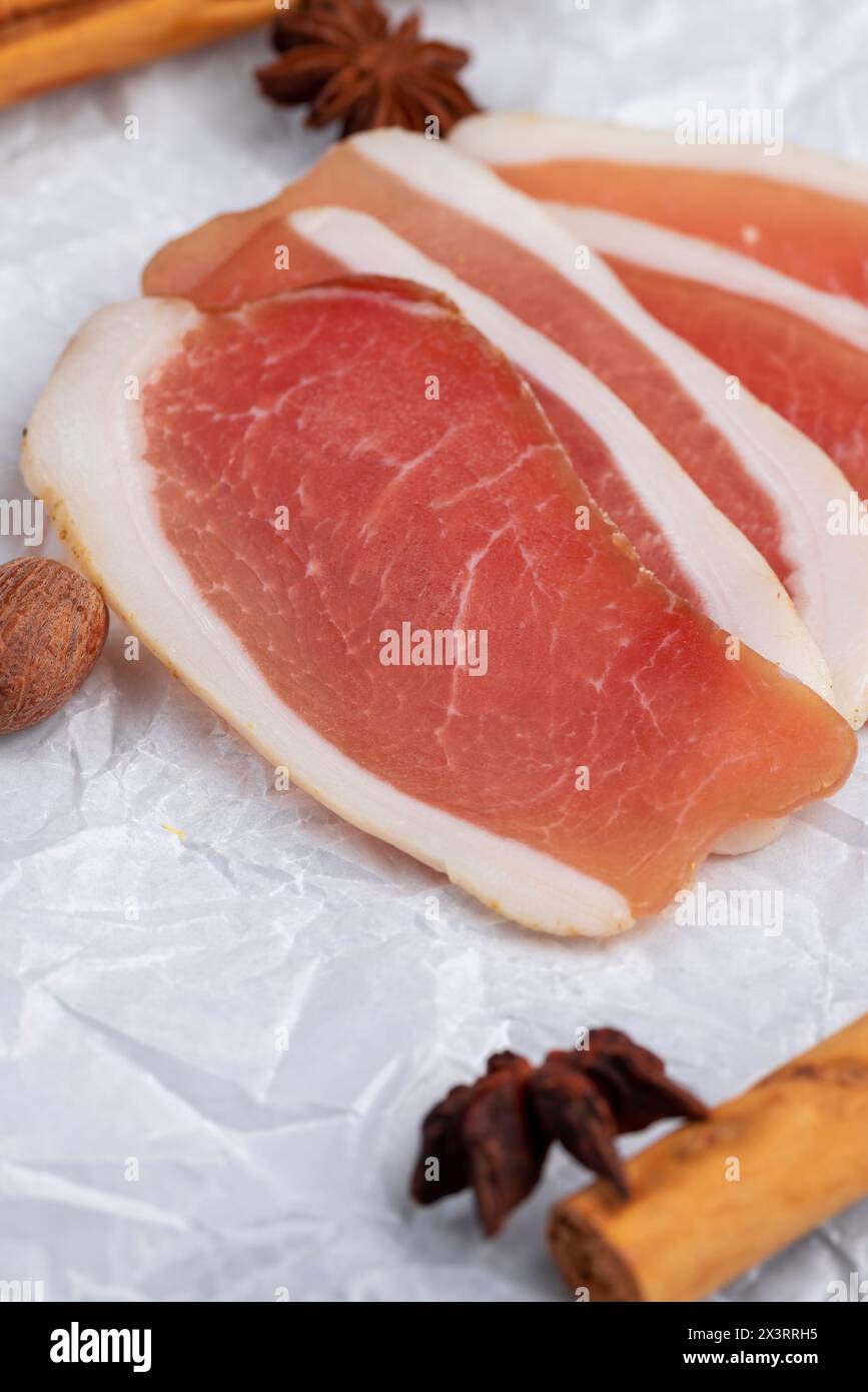 thinly sliced dried meat, pickled pork jerky ready for eating Stock ...