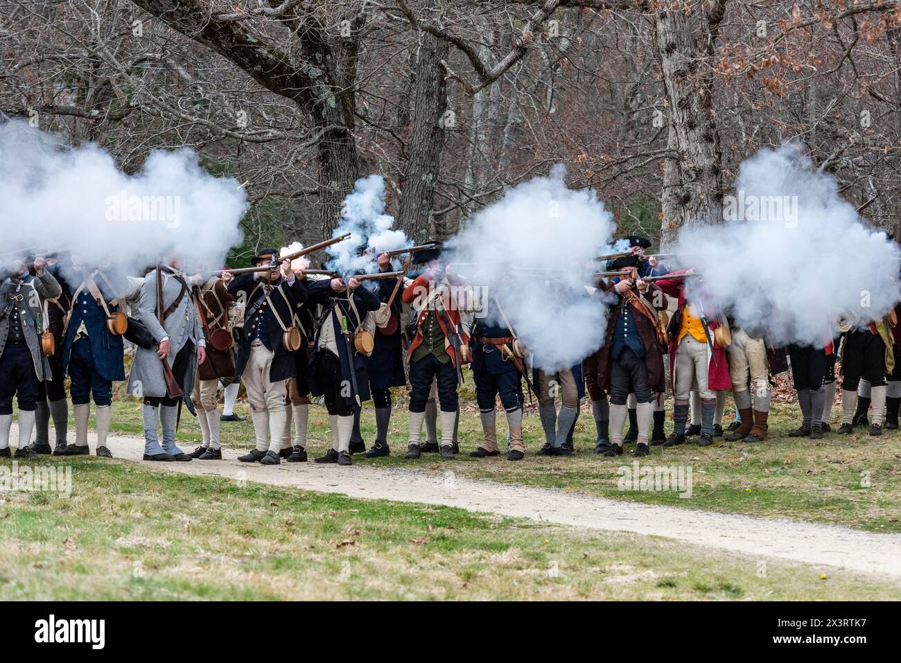Reenactment of April 19, 1775 battle between British soldiers and ...