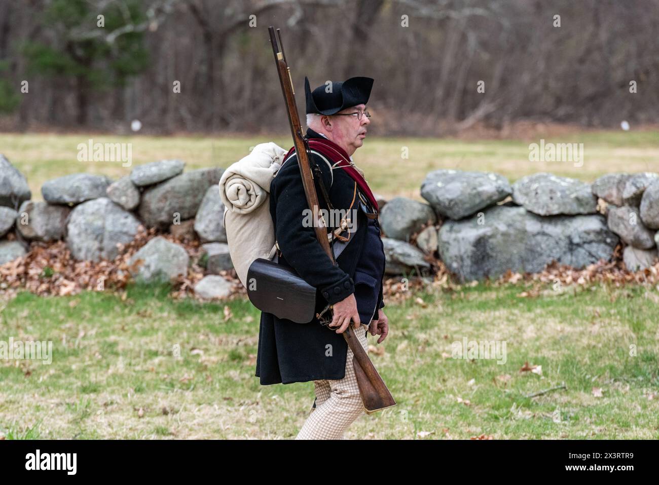 Reenactment of April 19, 1775 battle between British soldiers and ...