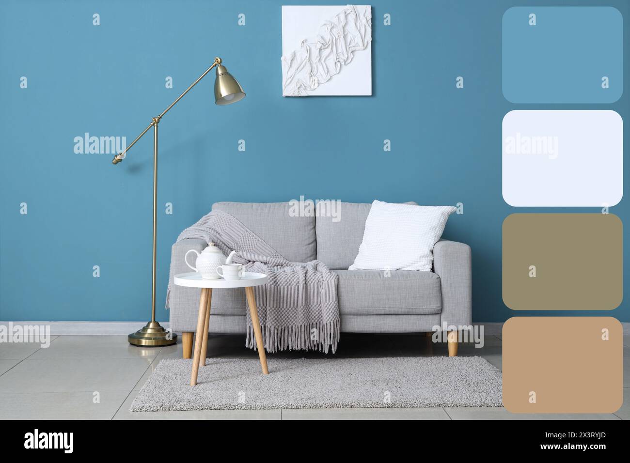 Stylish interior of living room with grey sofa, floor lamp and table. Different color samples ...