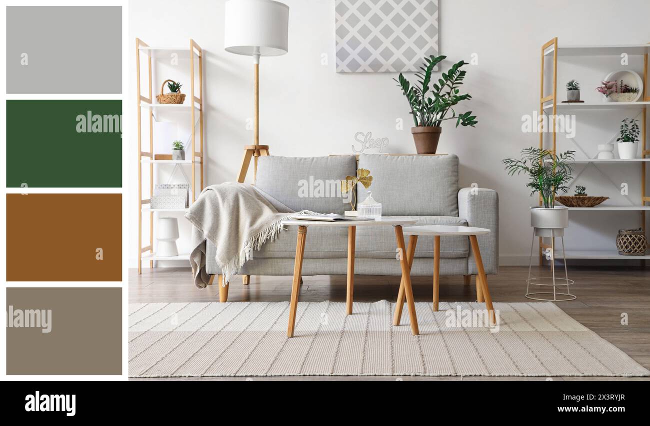 Interior of light living room with sofa, shelving units and table. Different color samples Stock ...