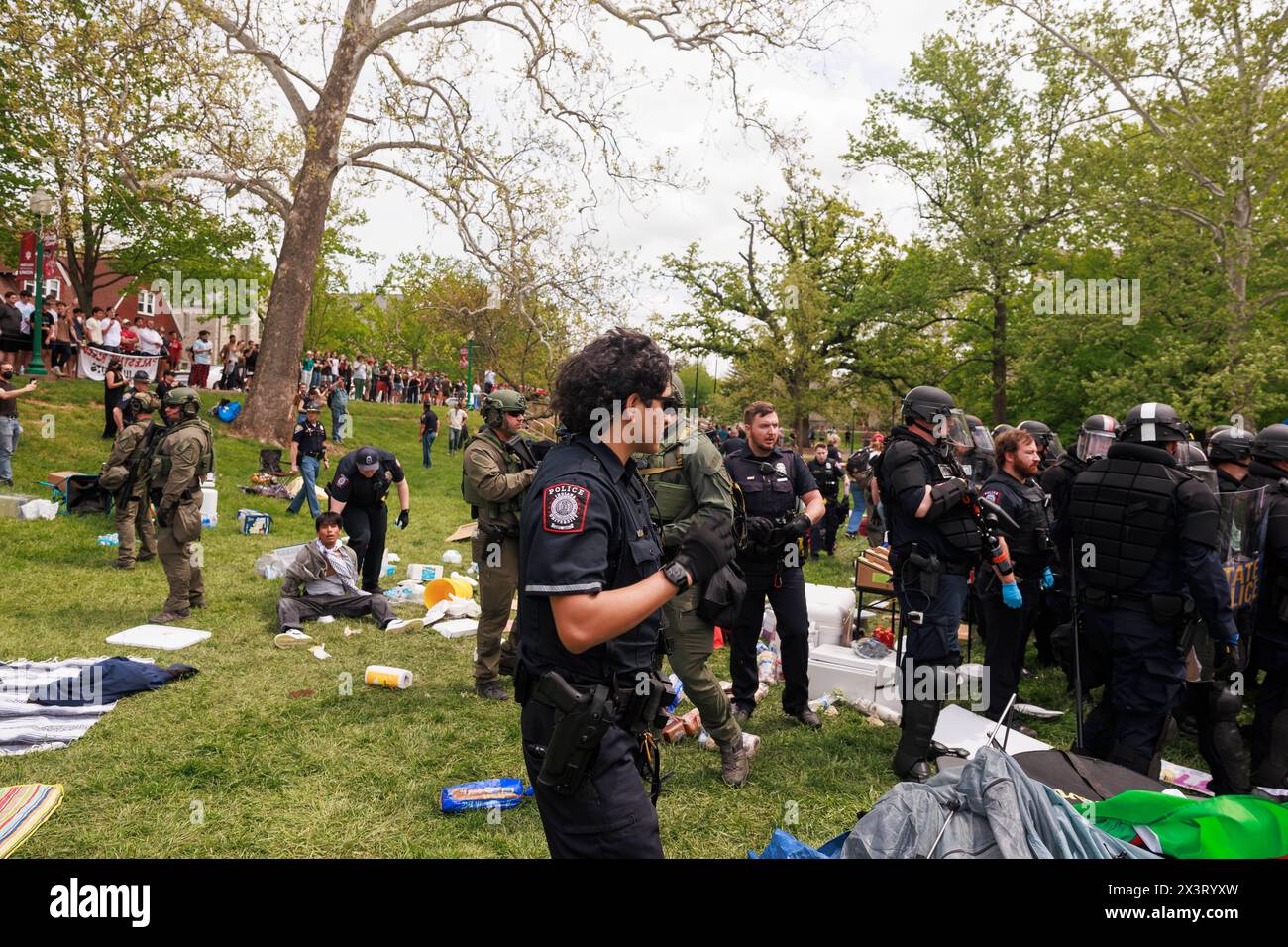 BLOOMINGTON, INDIANA - APRIL 27: Spotters watch from the “sniper’s nest ...
