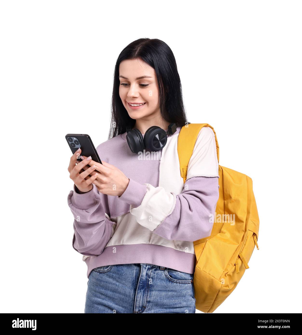 Smiling student with smartphone on white background Stock Photo - Alamy