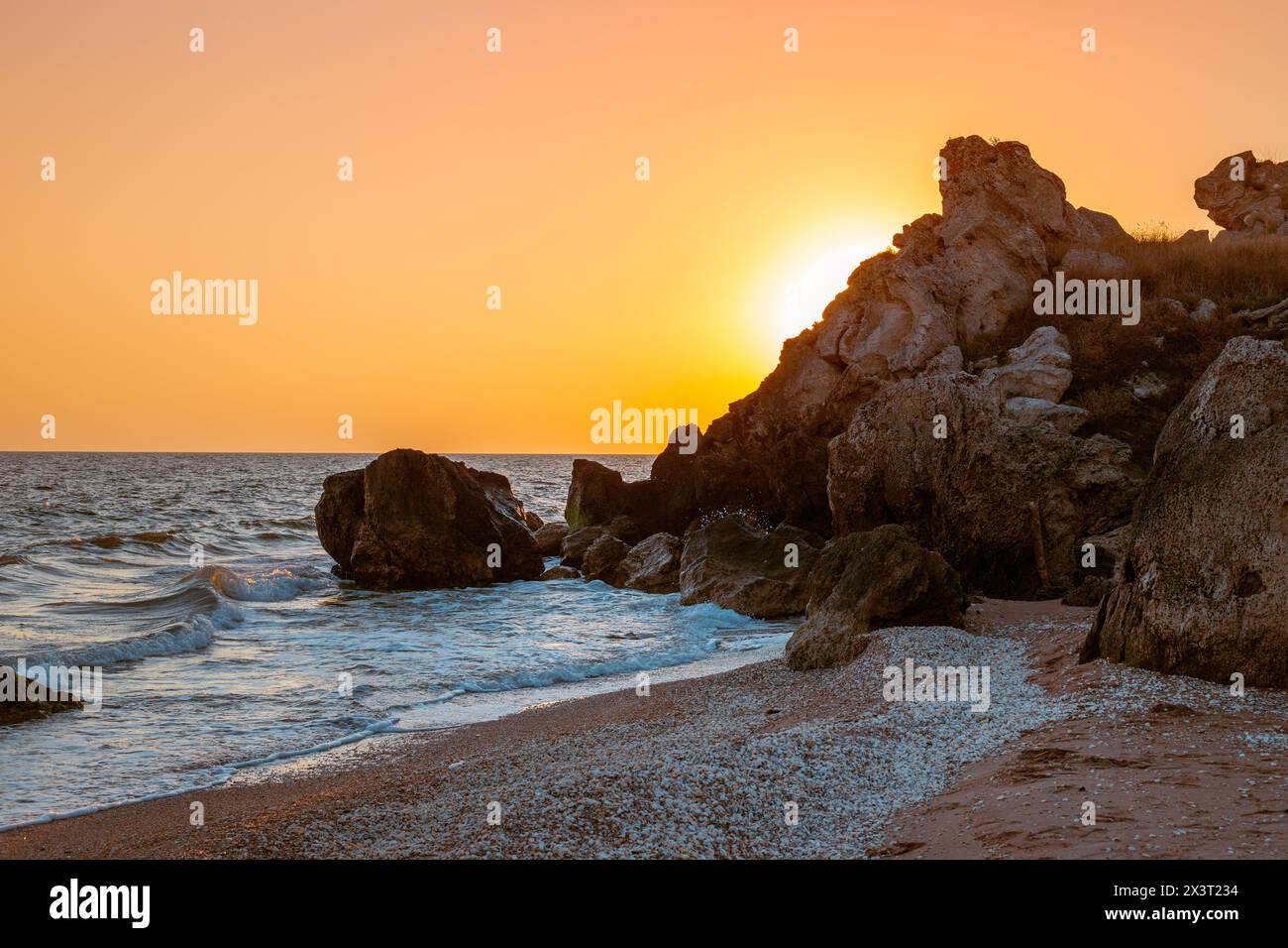 seascape. sea and rocky coast of Crimea at sunset, General beaches of ...