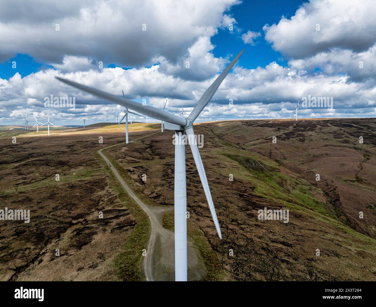 Panoramic image of greater Manchester countryside with wind turbines ...