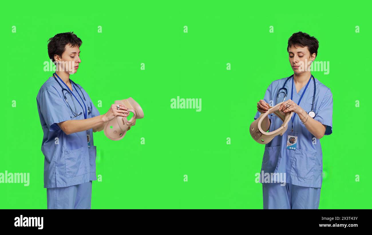 Specialist presenting cervical neck collar used for physical therapy ...