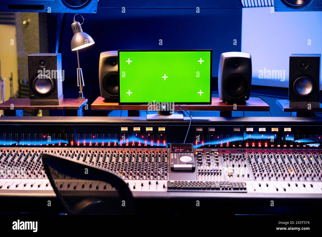 Empty studio control room with greenscreen isolated monitor ...