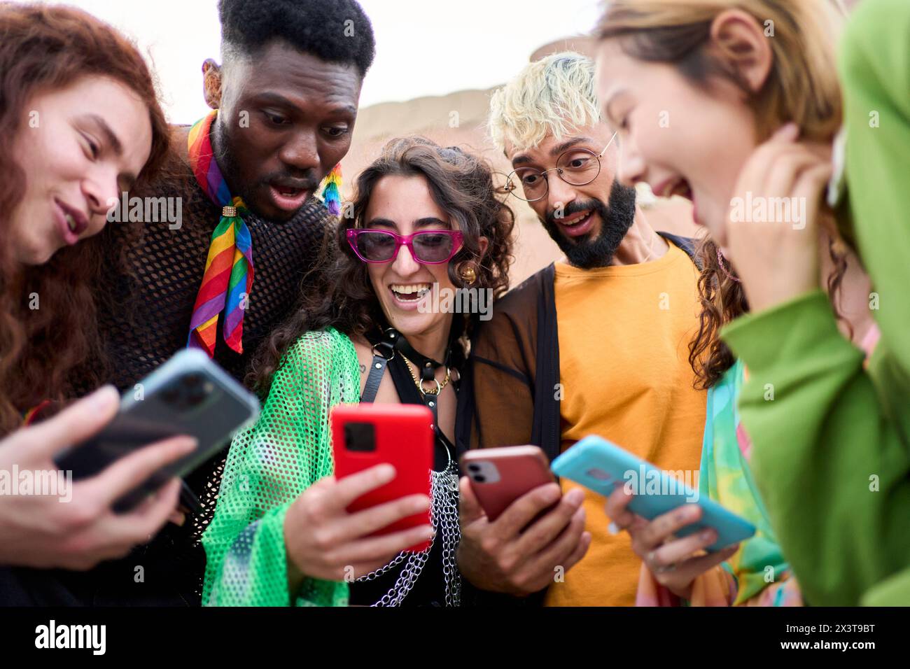 Side view multiracial smiling group young generation z leaning brick ...