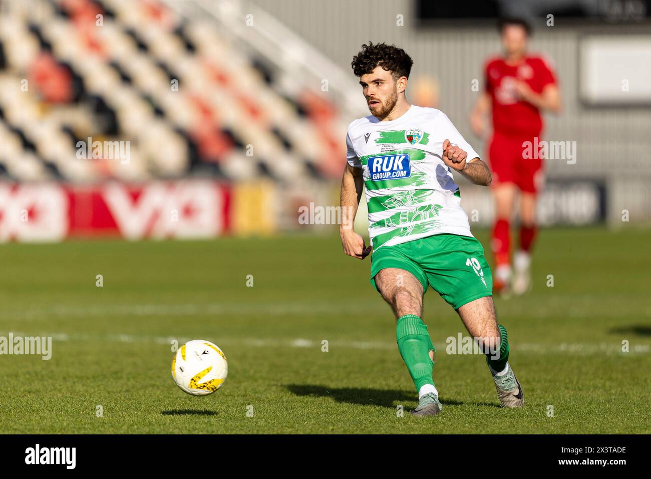 Newport, UK. 28th Apr, 2024. Ben Clark of TNS in action. Connahs Quay v ...