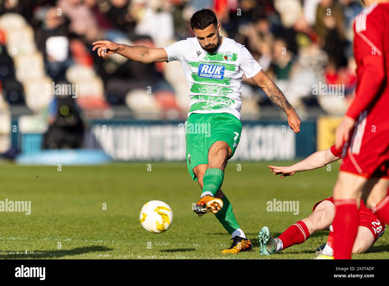 Newport, UK. 28th Apr, 2024. Jordan Williams of TNS in action. Connahs ...