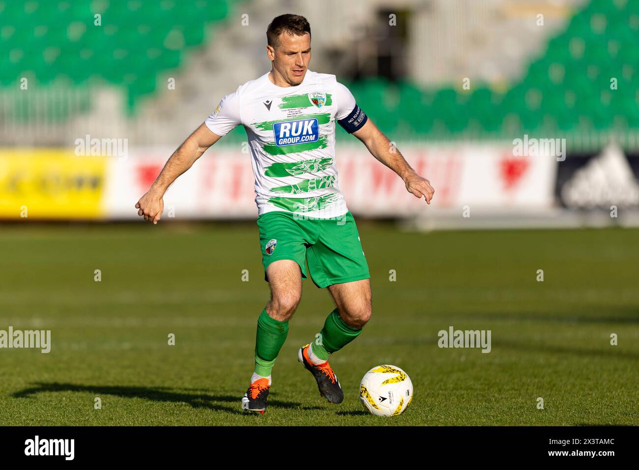 Newport, UK. 28th Apr, 2024. Chris Marriott of TNS in action. Connahs ...