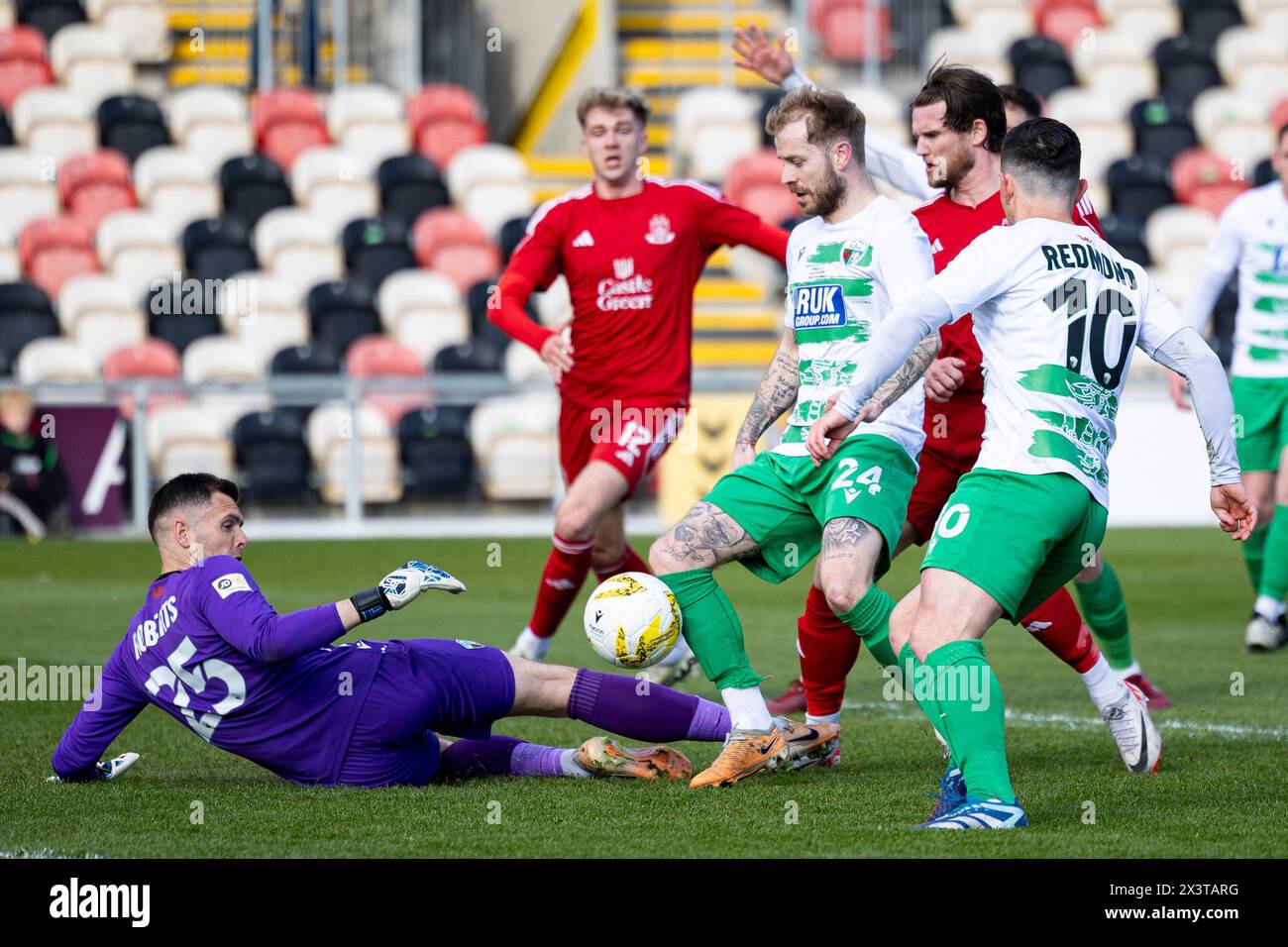Newport, UK. 28th Apr, 2024. Ash Baker of TNS in action. Connahs Quay v ...