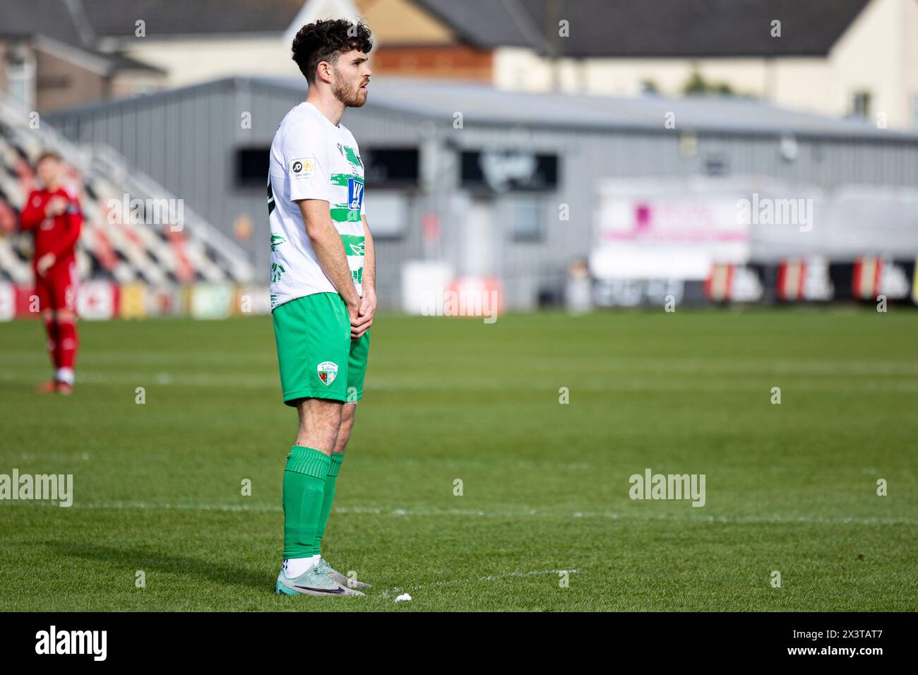 Newport, UK. 28th Apr, 2024. Ben Clark of TNS in action. Connahs Quay v ...