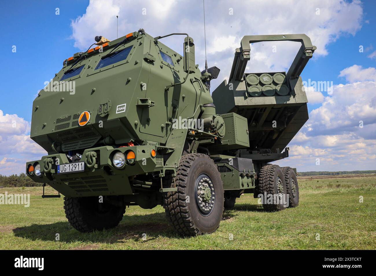 A U.S. Army M142 HIMARS system stands as a static display for view ...