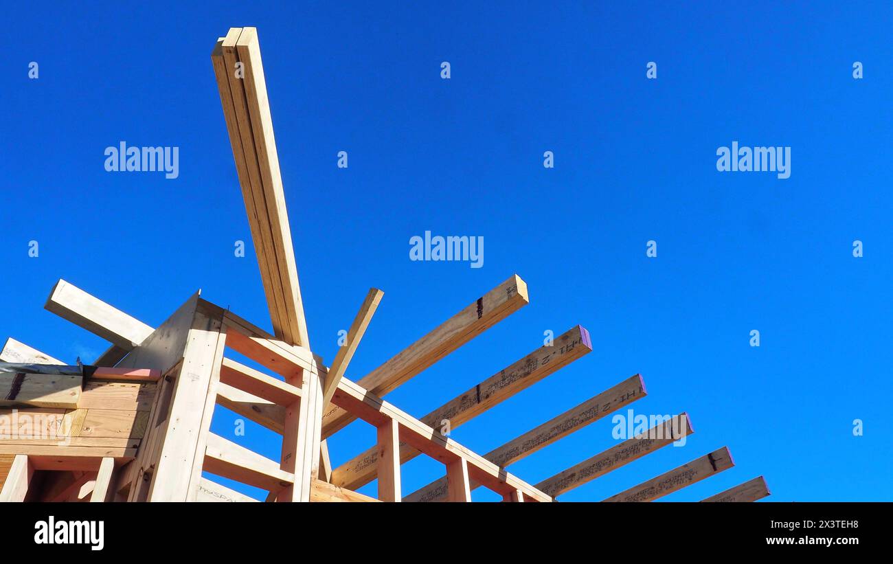Residential construction with timber framework and scaffolding Stock ...