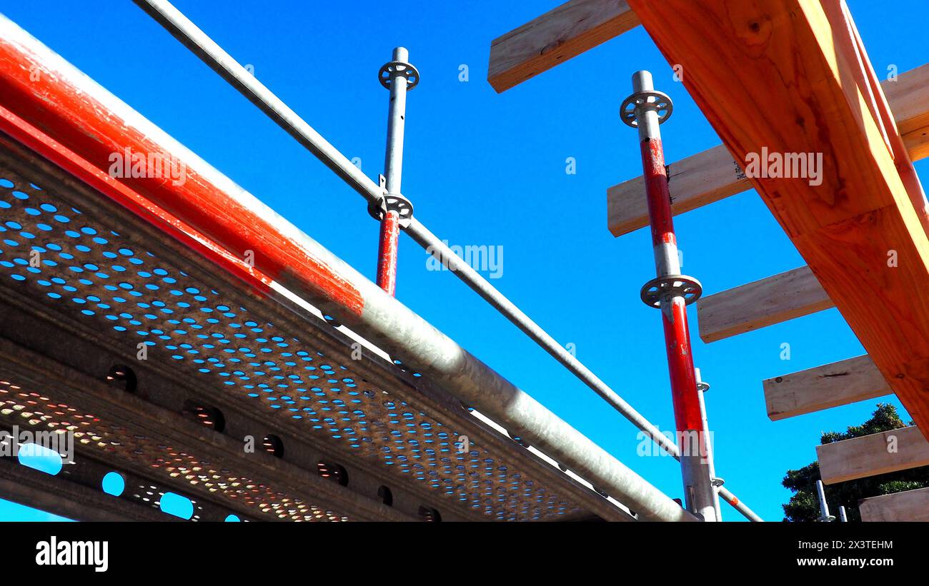 Residential construction with timber framework and scaffolding Stock ...