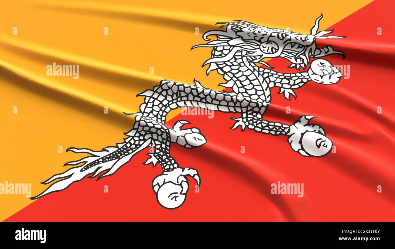 Bhutan Flag. Fabric textured Bhutanese Flag. 3D Render Illustration ...