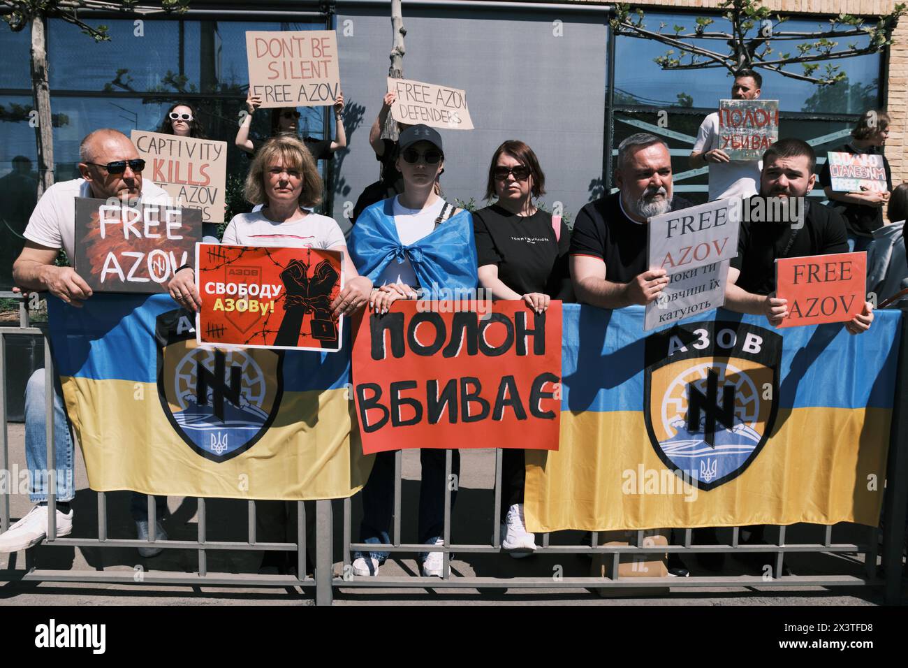 Kyiv, Ukraine - 28 April, 2024. Ukrainian protestors proudly wave Azov ...